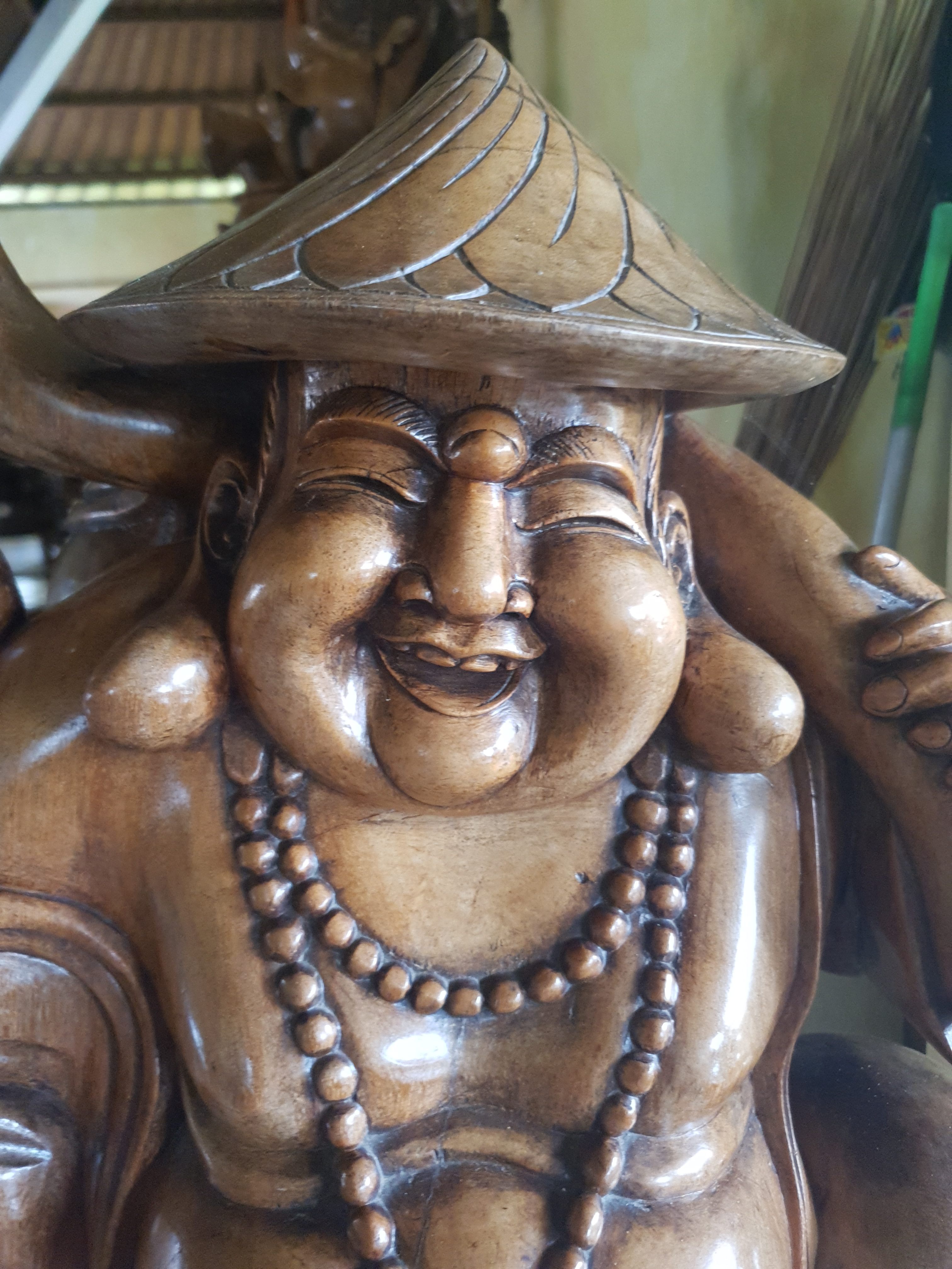 Happy Lachende Boeddha Beeld van Hout uit Bali | Lotus Art