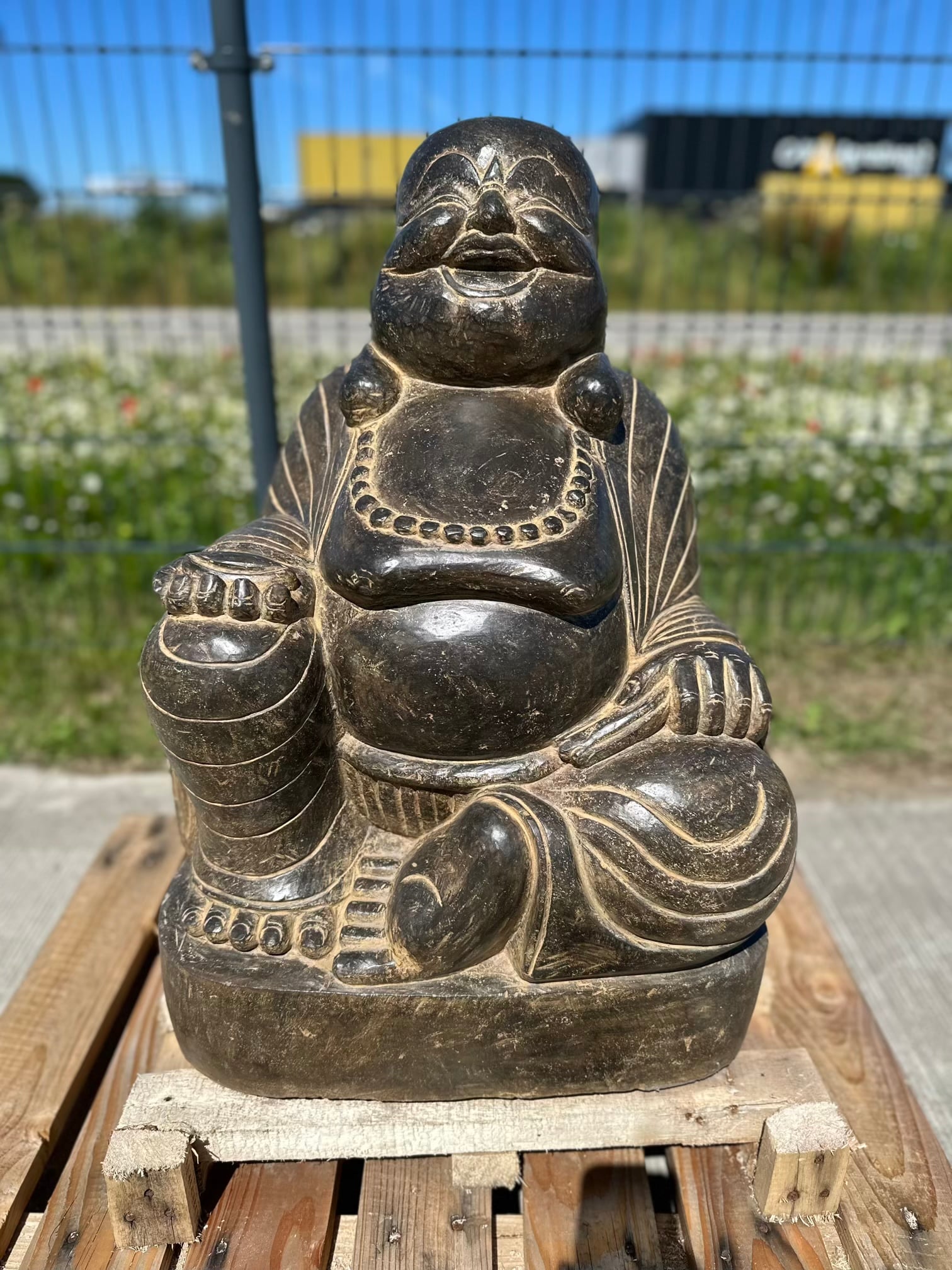 Lachende Chinese Happy Boeddha Tuinbeeld van Lavasteen 70cm | Lotus Art